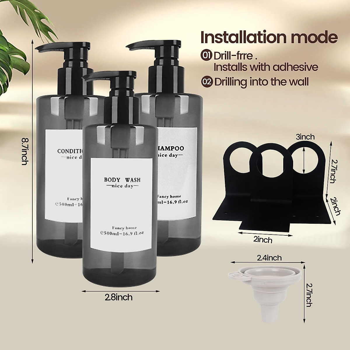 Shampoo and Conditioner Dispenser Shower Soap Dispenser Drill Free Shampoo Dispenser for Shower Wall Shampoo Holder for Shower Wall Shower Soap Dispenser 3 Chamber .16.9fl.oz