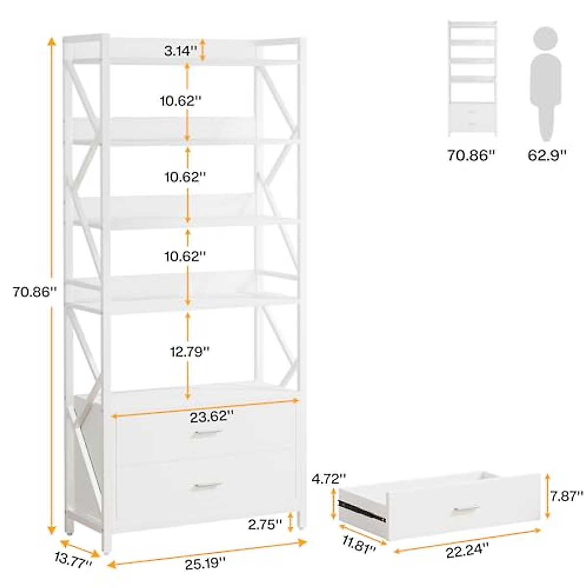 Tribesigns Bookshelf with Drawers, 70.8" Industrial Bookcase with 2 Drawers, 5 Shelf Open Shelf for Storage, Wood Book Shelf for Living Room, Bedroom, Home, Office (1, White)