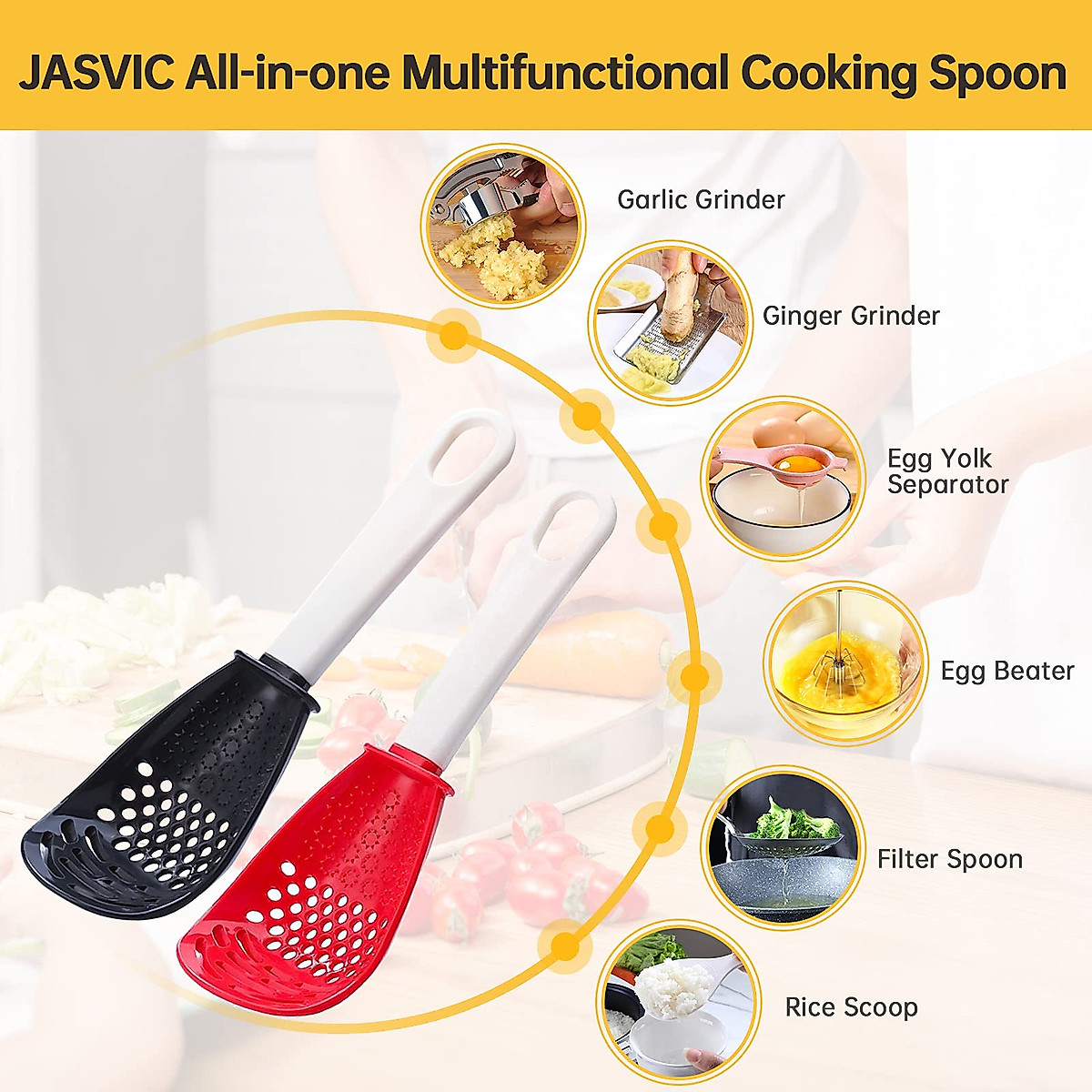 2Pack Multifunctional Kitchen Cooking Spoon, Slotted Spoon for Cooking Strainer Spoon, All in One Garlic Press Grinder Kitchen Spoons for Mashing Draining