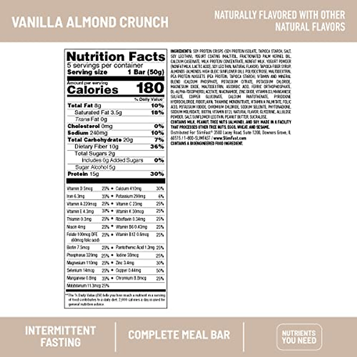SlimFast Intermittent Fasting- Complete Meal Protein Bars, Vanilla Almond Crunch, 5 Bars (Pack of 1)