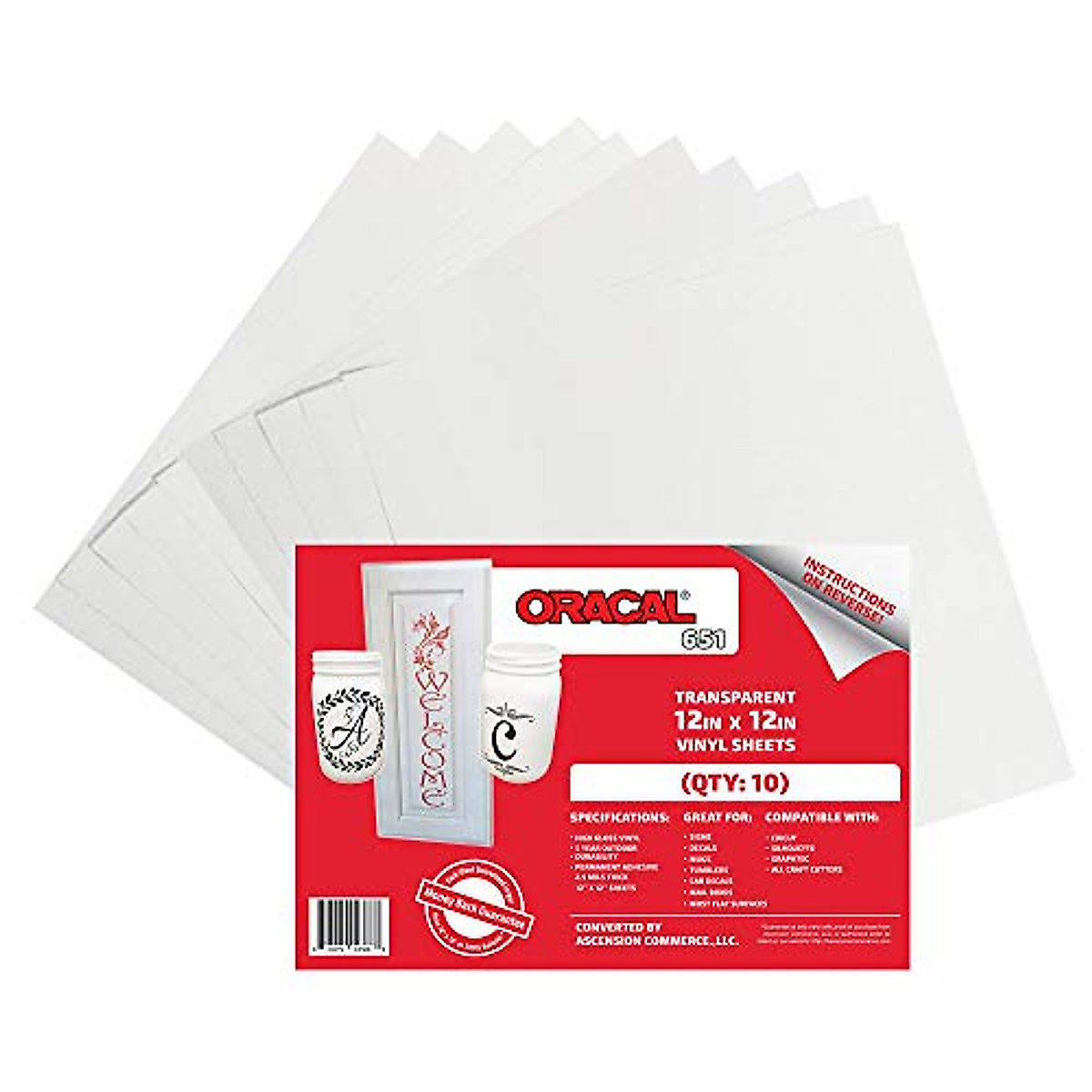 (10 Sheets) Oracal 651 Transparent Adhesive Craft Vinyl for Cricut, Silhouette, Cameo, Craft Cutters, Printers, and Decals - 12" x 12" - Gloss Finish - Outdoor and Permanent