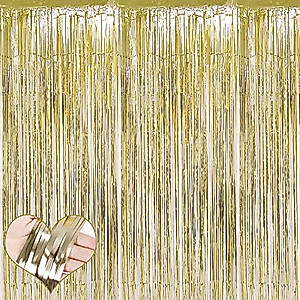 4 Pack Light Gold Fringe Curtain Backdrop, 3.2Ft x 9.8Ft Metallic Tinsel Foil Fringe Streamers Background for Photo Booth Birthday Wedding Baby Shower Carnival Easter Mother’s Day Party Decorations