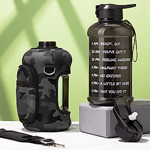 Fimibuke Half Gallon Water Bottle with Sleeve 64 OZ Water Bottle with Handle & Straw Leakproof Motivational Sports Gym Water Bottle with Time Marker BPA Free Water Jug with Neoprene Holder - Camo