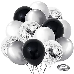 Bezente Black Silver Confetti Latex Balloons,60pcs 12 inch Black White Silver Metallic Chrome and Silver Confetti Balloons for Birthday, Baby Shower, Wedding, and Silver Theme Party Decoration