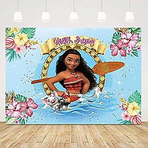 Summer Beach Baby Moana Theme Backdrops Pink Flowers Blue Water Girls 1St Birthday Party Photography Background Baby Shower Moana Cake Table Decoration Banner Photo Studio Props 5x3ft