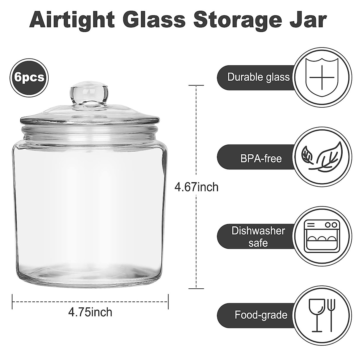 Keketin 32 oz Glass Cookie Jar,Set of 6 Glass Jars with Lids 1 Liter,Airtight Food Storage Containers Glass Apothecary Jars for Kitchen,Glass Kitchen Canisters for Sugar,Flour,Pasta,Snacks,Tea & Rice