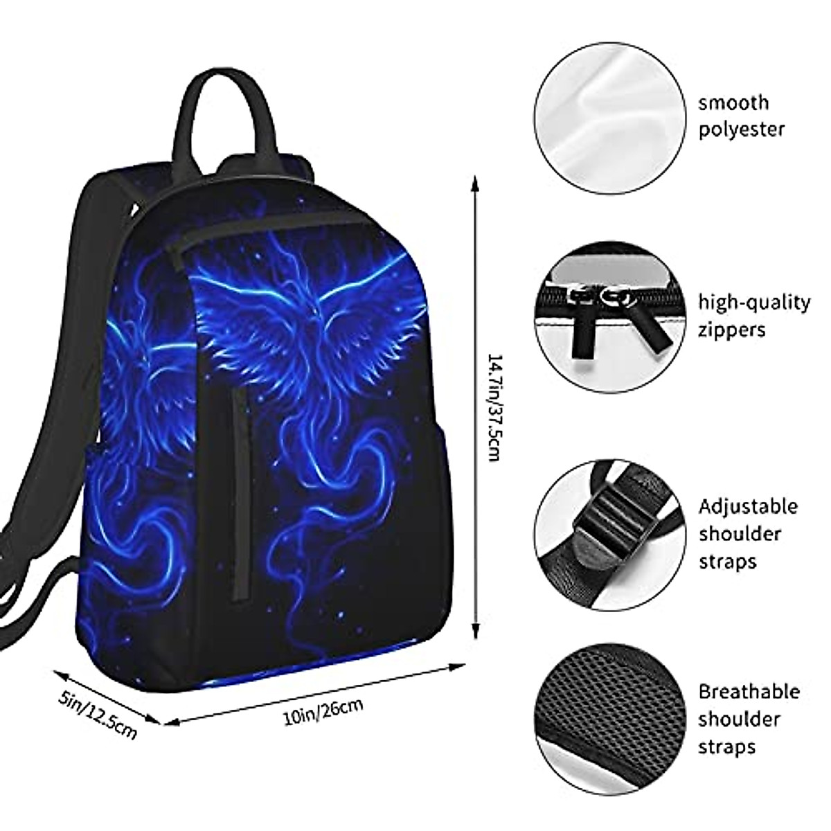 Blue Fire Flame Phoenix Bird Black Art Backpack Durable Polyester Multipurpose Anti-Theft Shoulder Bag Big Capacity Gym Outdoor Hiking Backpack With Padded Straps
