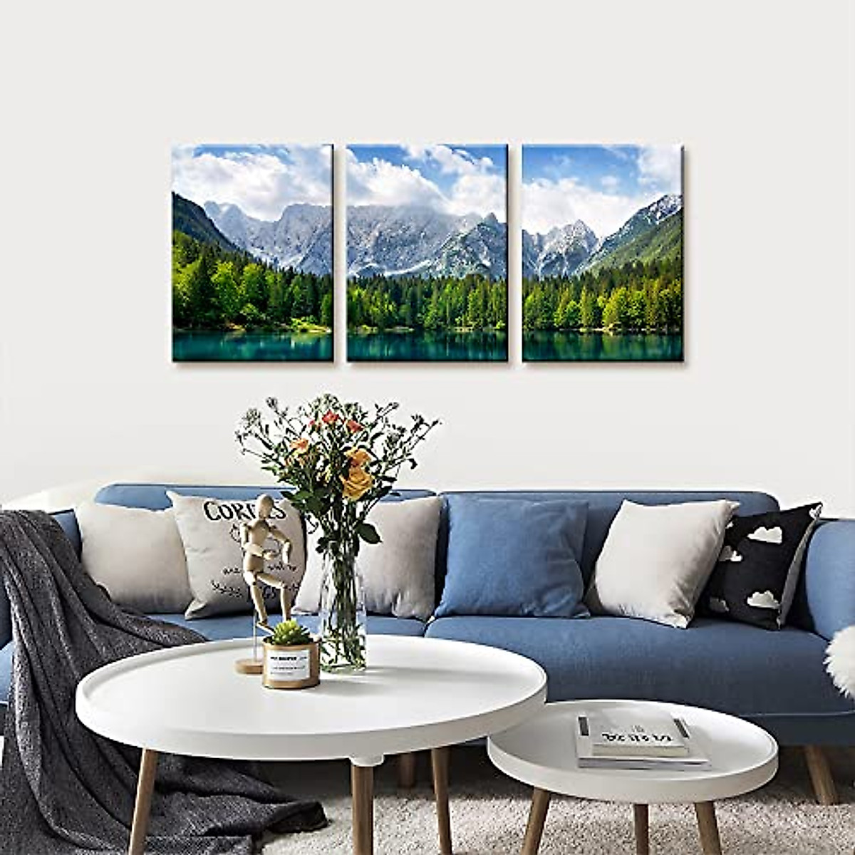 3 Pieces Nature Scenery Wall Art Decor Beautiful Landscape with Turquoise Lake Forest and Mountains Pictures Painting Print on Canvas Modern Artwork Stretched Framed Ready to Hang - 12"x16"x3 Panel