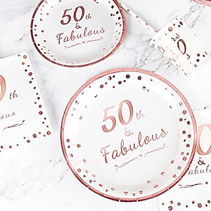 50th Birthday Rose Gold Women Party Supplies Plates Set, Disposable Paper Tableware for 24 Guests, 120pcs Include 7” and 9” Plates, 12 oz Cups, Napkins and Straws