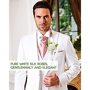 Ivory Rose Wrist Corsage Wristlet Band Bracelet and Boutonniere Set for Men Women Bride Bridesmaid Wedding Prom Flowers Accessories (6 Boutonnieres)