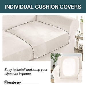 FantasDecor 3 Piece Sofa Covers Velvet for 2 Cushion Couch Stretch Loveseat Slipcover with Individual Seat Elastic Furniture Protector for Pets (Loveseat, Ivory)