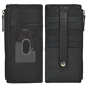 Leatherboss Genuine Leather Women's All in One Credit Business Card Case Holder Slim Zipper Wallet With a Card Protection Strap, Black