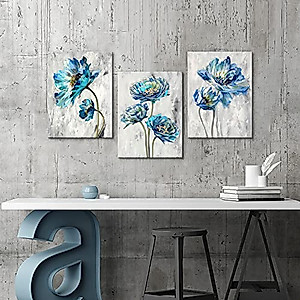 artopia 3 Piece Blue Flower Canvas: Teal Grey Floral Wall Decor Botanical Picture Blossom Plants Decoration 16"x12" For Bathroom Bedroom