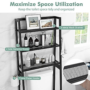 HAPPYGRILL Over The Toilet Storage, 3-Tier Over The Toilet Rack, Bathroom Space Saver w/ 2 Hanging Hooks, Adjustable Bottom Bar & Toilet Paper Holder, Metal Over Toilet Bathroom Organizer (Black)