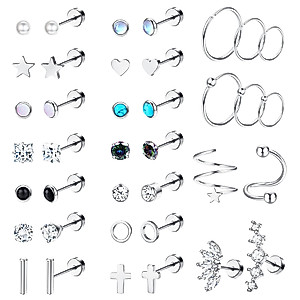 FASACCO Flat Back Cartilage Earrings Silver Surgical Steel Cartilage Hoop Stud Earrings Tragus Helix Piercing Jewelry