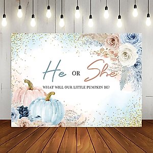 Lofaris Pumpkin Blue or Pink Gender Reveal Backdrop Fall Theme He or She What Will Little Pumpkin Be Banner Party Decorations Photography Background Pregnancy Reveal Party Photoshoot 7x5ft
