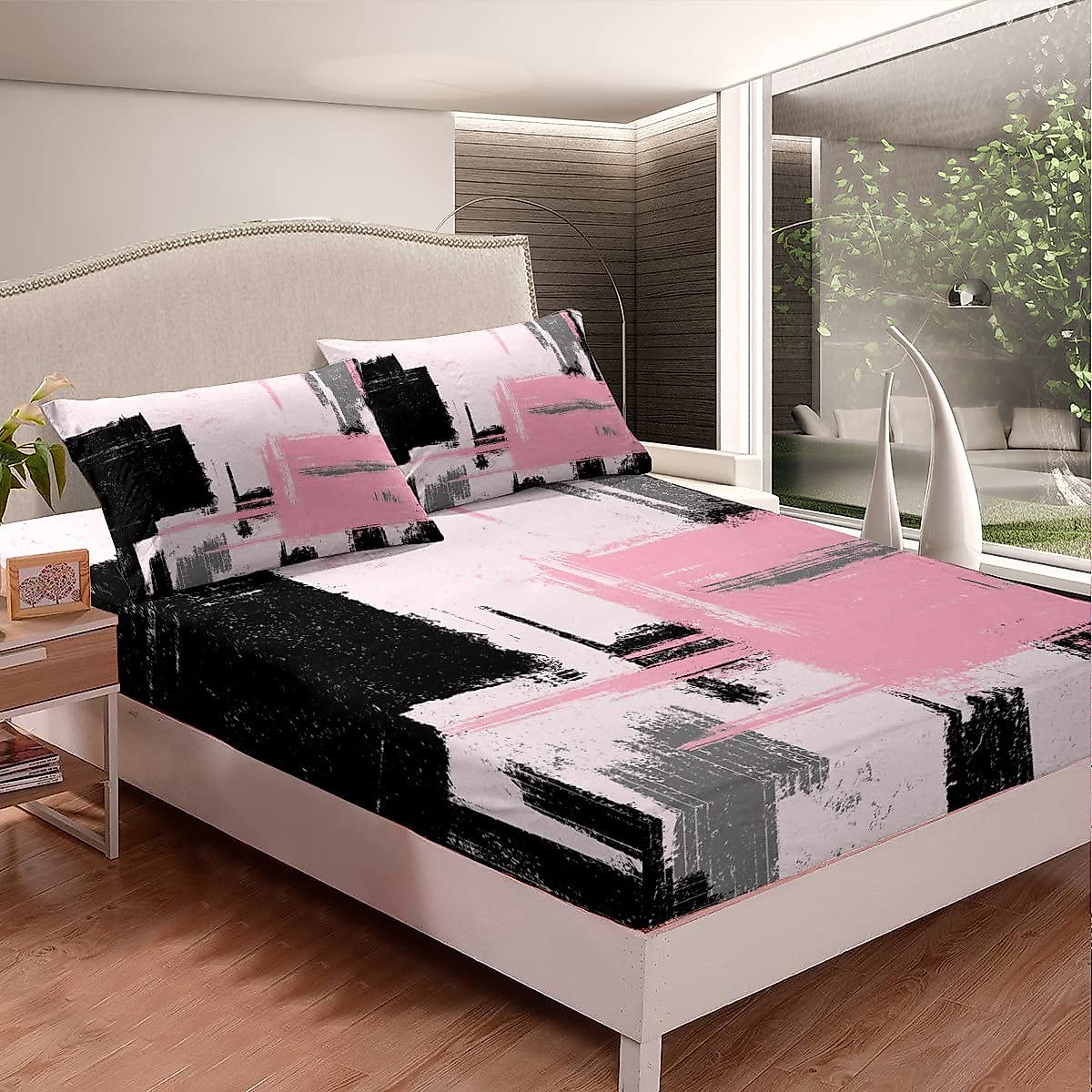 Abstract Bedding Set Modern Abstract Art Fitted Sheet for Boys Girls Children Pink Black Pattern Bed Sheet Set Room Decor Twin Size Bed Cover 2Pcs