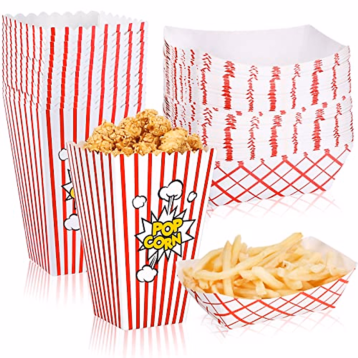 Sawysine 72 PCS Movie Party Supplies Include 36 Pcs Movie Night Popcorn Boxes and 36 Pcs Paper Food Trays Plastic Red White Striped Classic Popcorn Containers for Movie Night Theater Carnival Circus