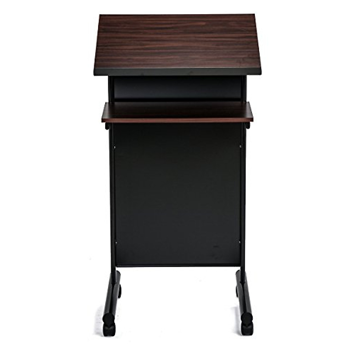 Wheeled Lectern with Storage Shelf - Cherry/Black - Compact Standing Desk for Reading - Laptop Stand