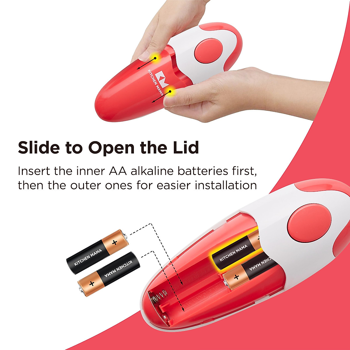 Kitchen Mama Electric Can Opener: Open Your Cans with A Simple Push of Button - Smooth Edge, Food-Safe and Battery Operated Handheld Can Opener(Red)