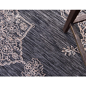 Unique Loom Outdoor Traditional Collection Area Rug - Antique (4' 1" Round, Charcoal Gray/ Natural)