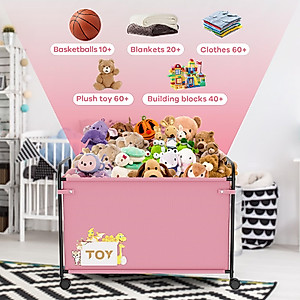 JBBTOOL Toy Box Storage, 180L Extra Large Toy Chest with 360° Wheels, Oxford Cloth Metal Toy Box for Boys, Girls, Stuffed Animals, Clothes, Bedroom, Living Room (Pink)