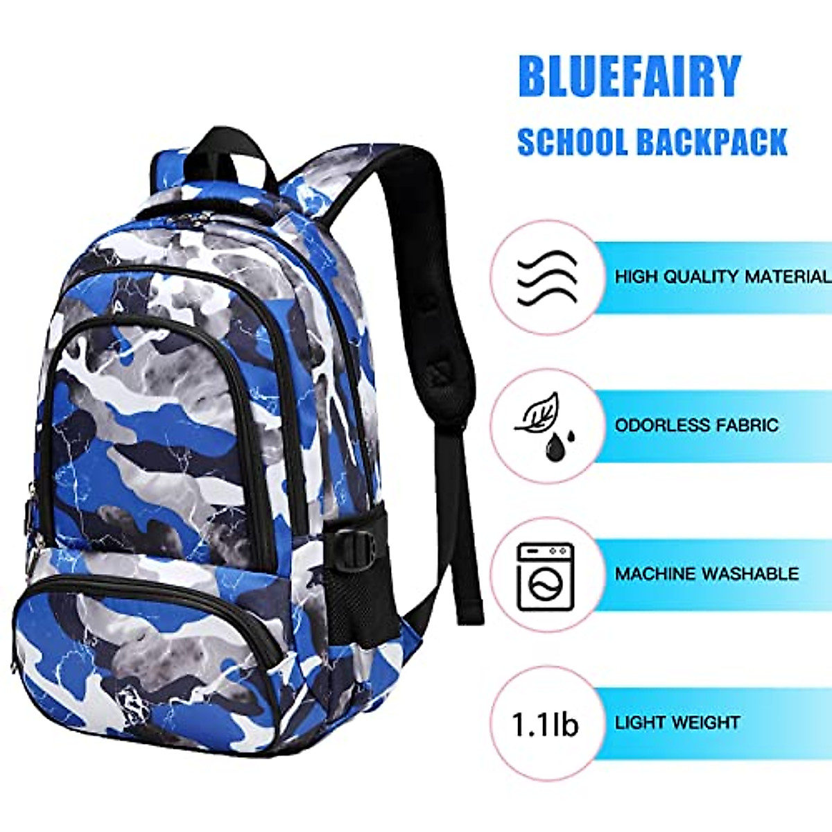BLUEFAIRY Kids Backpack Boys Elementary School Bags Primary Middle School Book Bags for Teens Kindergarten Sturdy Waterproof Lightweight Durable Travel Gifts 17 Inch Ages 6-12 (Camo Blue)