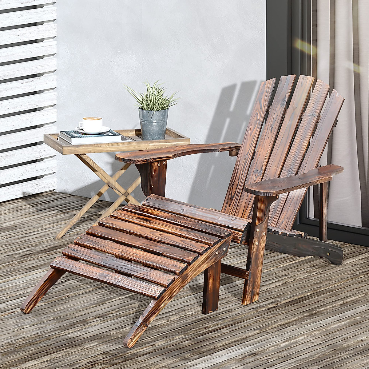 Outsunny Wooden Adirondack Chair with Ottoman,Outdoor Fire Pit Chair,Patio Lounge Chair Supports Up to 330 Lbs, Rustic Brown