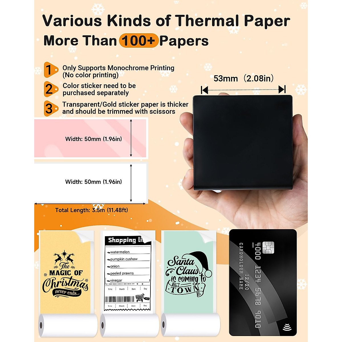 Memoking Sticker Printer, M02 Mini Printer Portable Bluetooth Mini Printer Sticker Maker with 3 Rolls Paper, Print Pods Mini Printer Pocket Printer with Multiple Templates for Phone & Tablet, Black