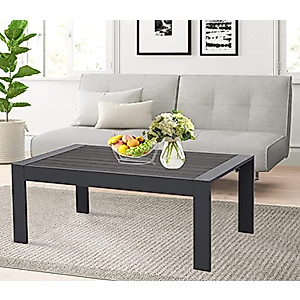 Odoor Direct Patio Furniture Aluminum Coffee Table, All-Weather Metal Rectangle Patio Table with Imitation Wood Tabletop, Dark Grey