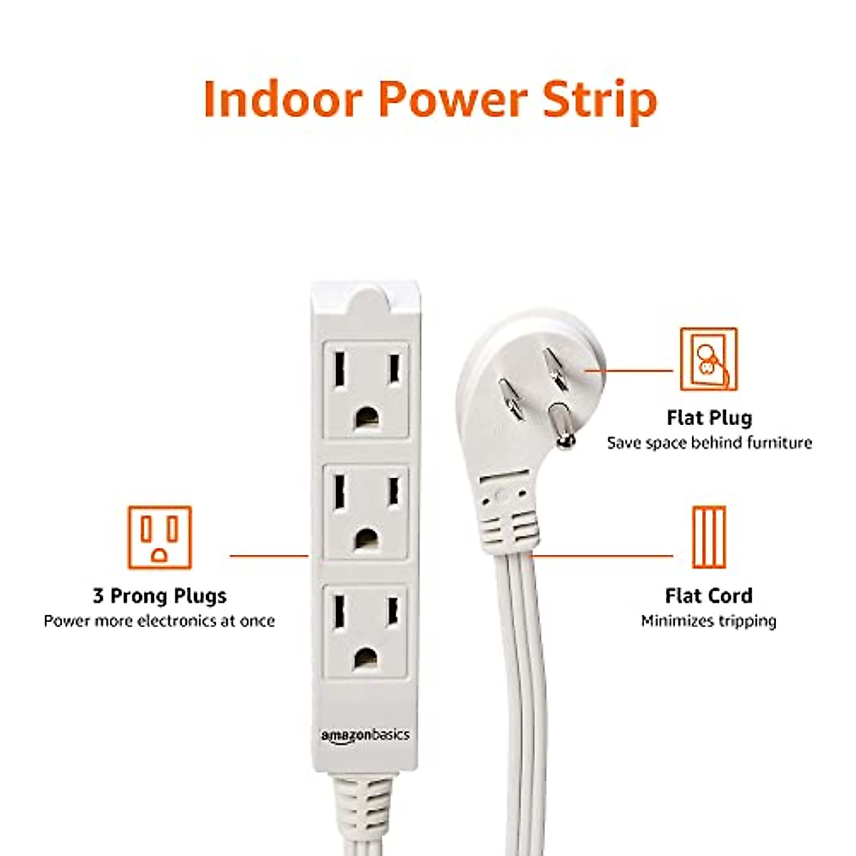 Amazon Basics Rectangular Indoor Extension Cord Power Strip - 6-Foot, 3-Prong ,Flat Plug, Grounded - 13 Amps, 1625 Watts, 125 VAC - 2-Pack, White