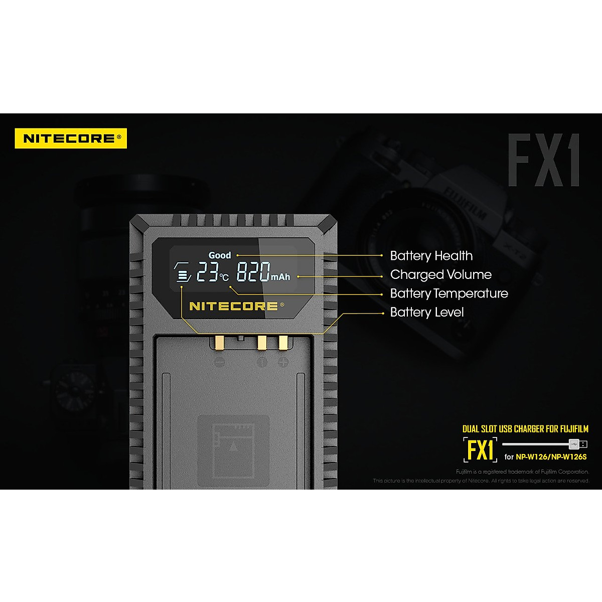 Nitecore FX1 2-Slot Digital Charger and NC-BP004 Battery Bundle Compatible with Fujifilm NP-W126 and NP-W126S Batteries