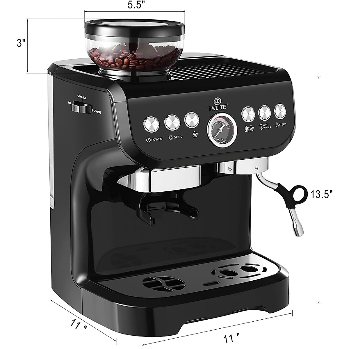 Trustmade Premium Espresso Machine Coffee Maker with Milk Frother, Coffee Grinder, Commercial Coffee Maker Automatic Stainless Steel, Removable Parts for Easy Cleaning，15 Bar