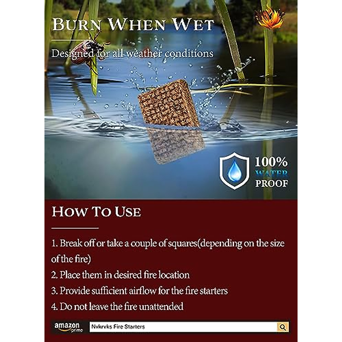 Nvkrvks Fire Starter, Easy-Burning Fire Starter Squares for Wood Stoves, Campfires, Grill Pit and Fireplace, Natural & Waterproof BBQ Fire Starters, 64 Mini Square