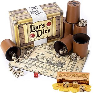 Pirates & Cowboys Family Dice Game Themed Bundle - Liar's Dice and Last Chip Standing Travel-Size Game - Premium Dice Cups, Custom Bullseye Dice, Neoprene Play Mat