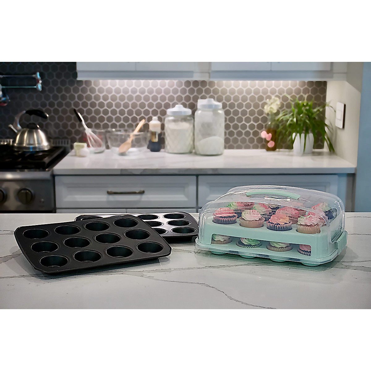 Top Shelf Elements Cupcake Carrier With Two Muffin Pan/Cupcake Pan Stylish Cupcake Carrier With Handle Carrier Holds 24 Cupcakes Muffin Tin Holds 12 Cupcakes Non Stick Cupcake Tray For Baking (Green)