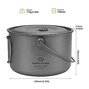 COOK'N'ESCAPE 1300ML Titanium Hanging Pot with Lid Cookware Pot with Collapsible Foldable Bail Handle Outdoor Camping Drinking Cup Backpacking Hiking Campfire, Grey