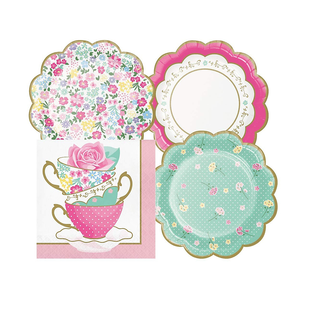 Floral Themed Tea Party Supply Pack Bundle Includes Paper Dessert Plates & Napkins for 16 Guests