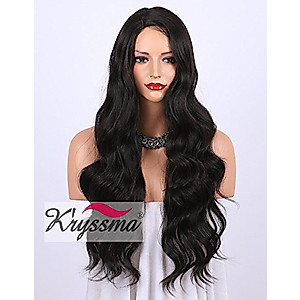 K'ryssma Black Synthetic Wigs for Black Women, Natural Looking Long Wavy Wigs Right Side Parting NONE Lace Front Black Wig Heat Resistant Fiber Wigs Hair Replacement Wig 24 inch