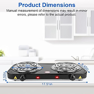 KOCASO Double Countertop Single Burner Electric Stove, 2000W Portable Coil Heating Hot Plate RV Hot Plate, with Non Slip Rubber Feet + 5 Temperature Adjustments, w/ 35in Plug Cord, Black