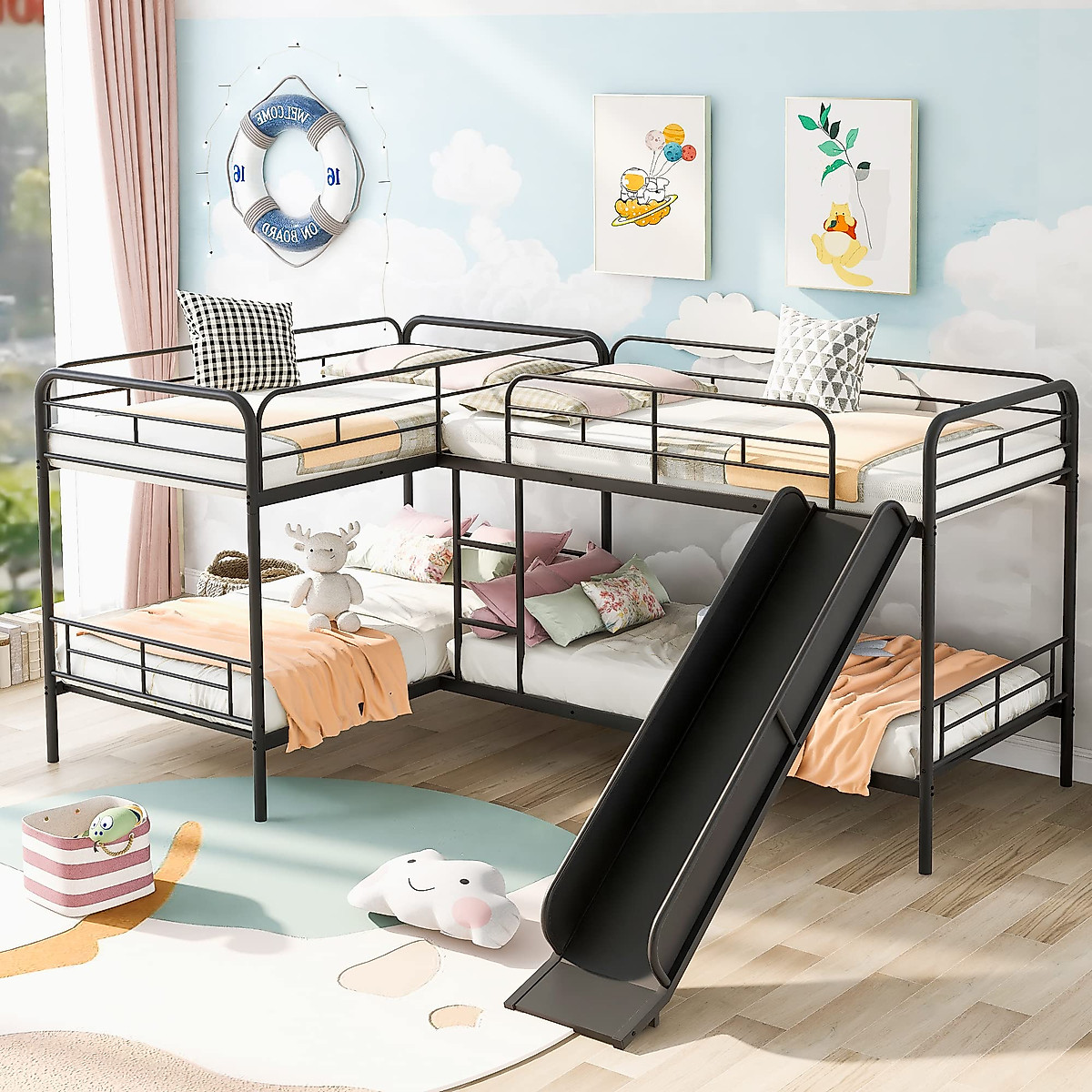 Quad Bunk Bed with Slide, L Shaped Bunk Bed for 4, Twin over Twin Metal Bunk Frame for Kids Teens Girls Boys (Black)