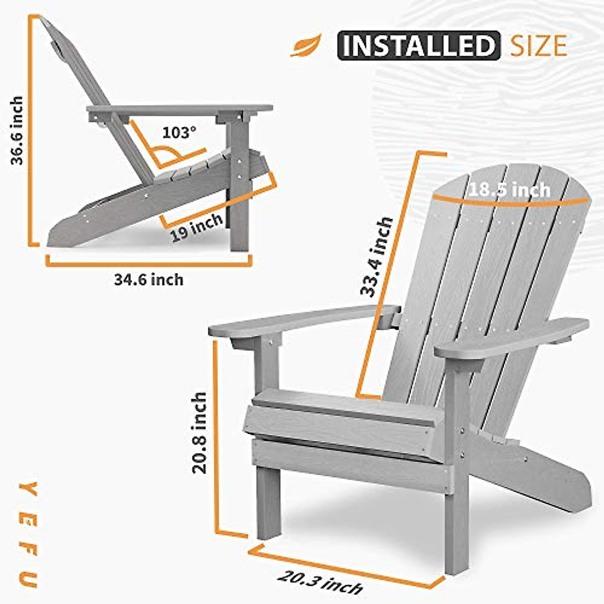 YEFU Adirondack Chair 3-Piece Set （Grey） Plastic Weather Resistant, with 2 Adirondack Chairs + an Outdoor Side Table…