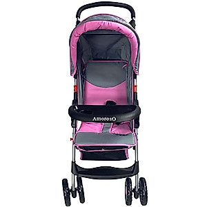 AmorosO Single Stroller - Baby Stroller with Four Wheels - Lightweight Stroller - Convertible Stroller with Extra Storage Space - Foldable Stroller with Sun Protection Hood Cover (Pink/Grey)
