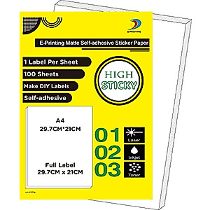 E-Printing Pack of 100 Sheets-High Sticky Printable Matte Self Adhesive Full Sheet A4 Sticker Paper/Label for Inkjet & Laser Printers