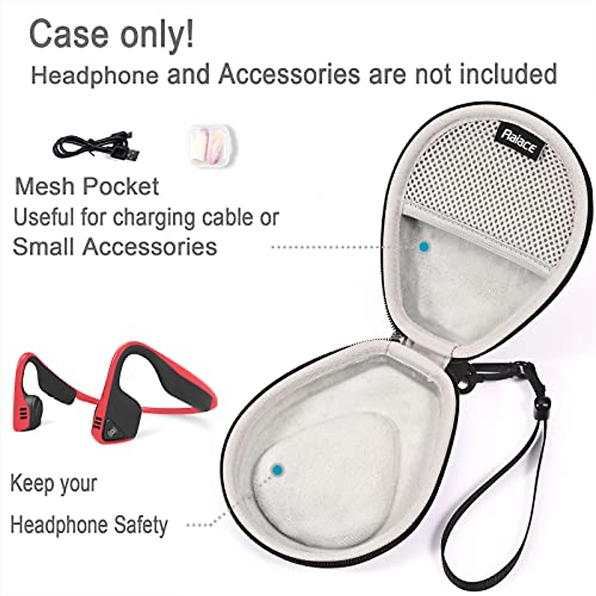 RAIACE Hard Storage Case Compatible with AfterShokz Aeropex/Trekz Air/Titanium Mini Bone Conduction Headphones, Travel Carrying Bag. (Case Only, Not Include The Headphones) - Black(Gray Lining)