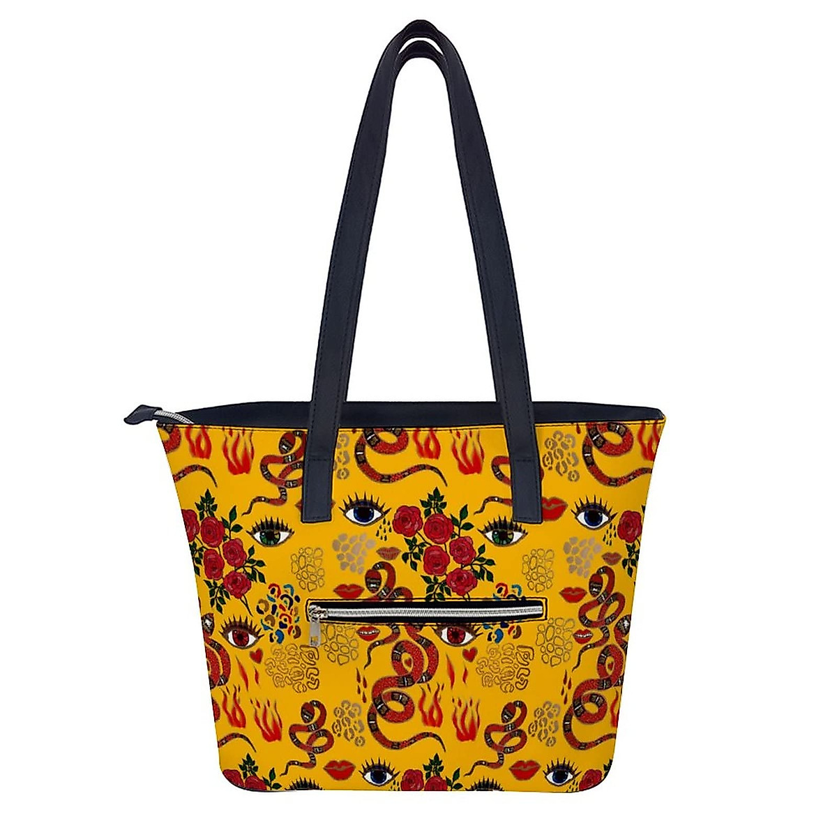 Snakes Lips Eyes Roses Flame Women's Tote Bag PU Leather Shoulder Bag Handbags Purse For Work Shopping Travel