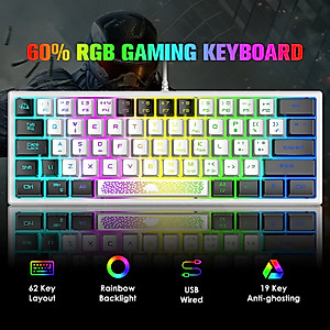 ZIYOU LANG K61 60% Wired Gaming Keyboard RGB Backlit Membrane Keyboard Mechanical Feel Ultra-Compact Mini Waterproof Keyboard for PC Computer Gamer (White Black)
