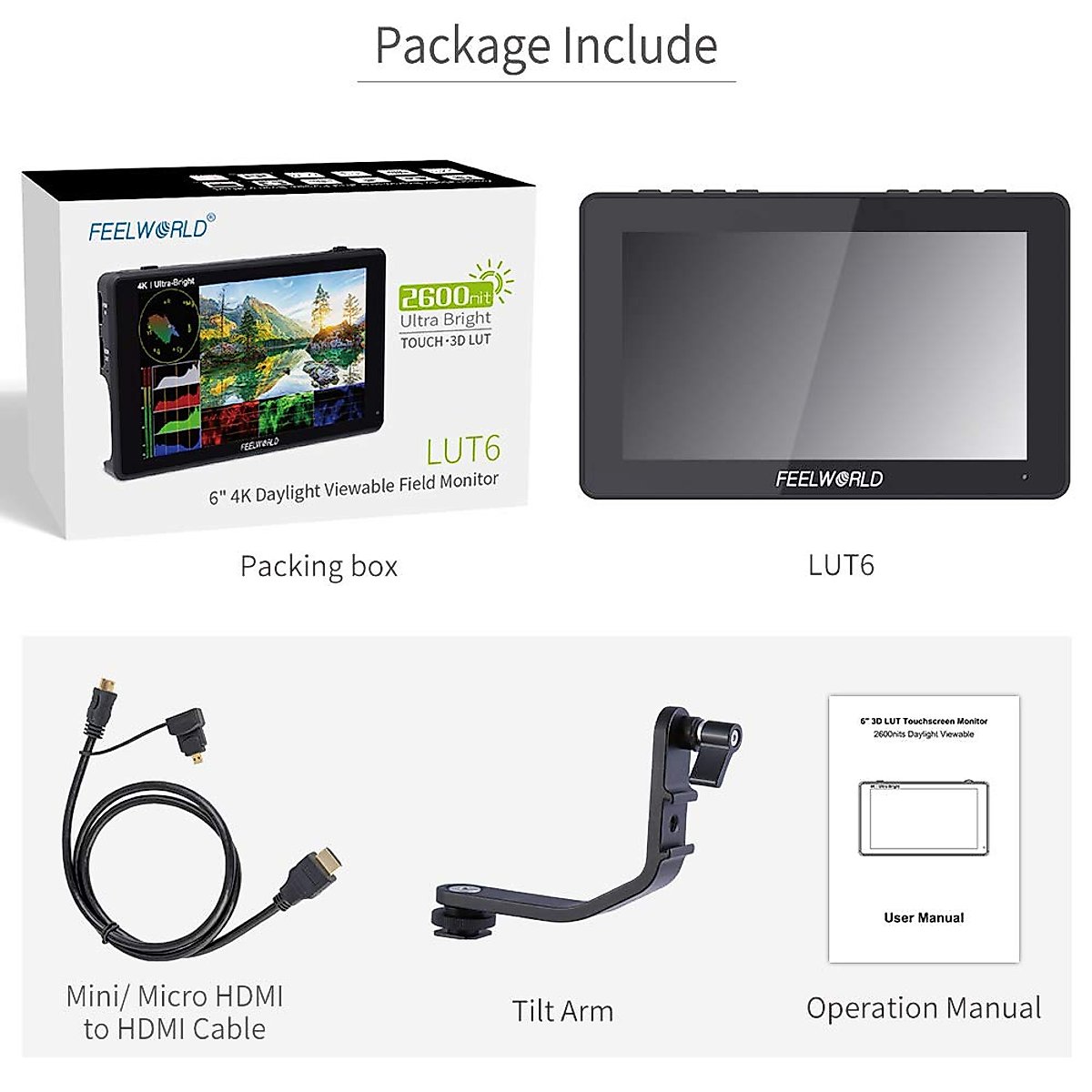 FEELWORLD LUT6 6 Inch 2600nits HDR 3D LUT Touch Screen DSLR Camera Field Monitor with Waveform VectorScope Histogram 4K HDMI Input Output 1920X1080