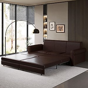 Tmsan 93.7" King Pull Out Sofa Bed, 3 in 1 Convertible Sleeper Sofa, 3 Seat Couch with Nailhead Trim & Rolled Arm for Living Room, Apartment, Office, Dark Brown PU Leather