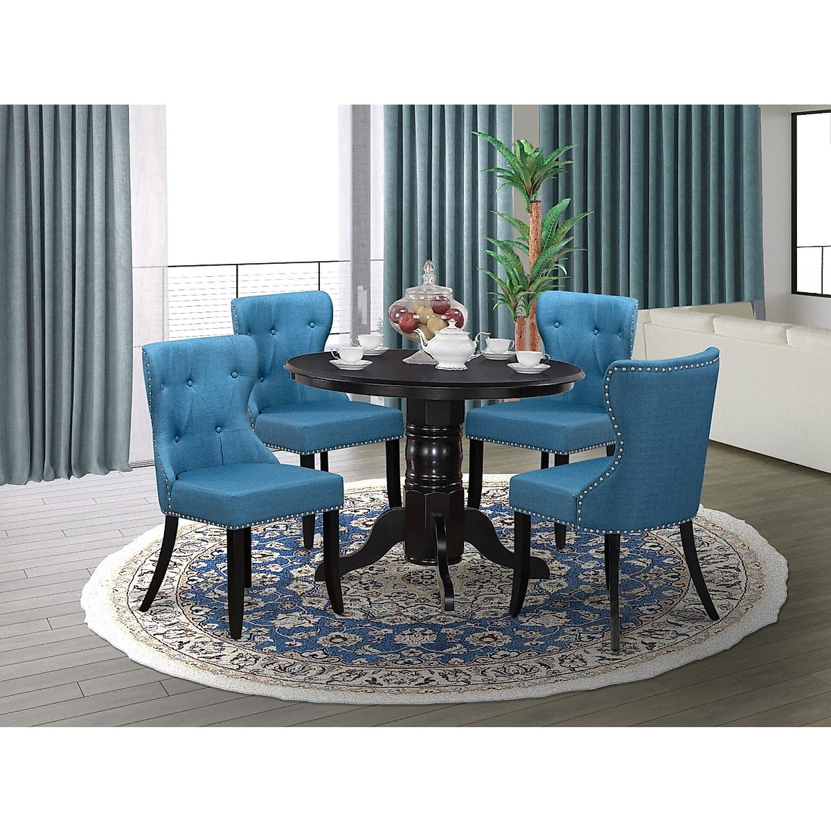 East West Furniture SHSI5-BLK-21 5 Piece Dining Table Set for 4 Includes a Round Kitchen Table with Pedestal and 4 Blue Linen Fabric Parsons Dining Chairs, 42x42 Inch, Black